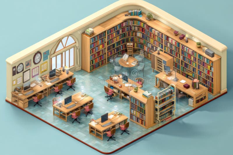 Isometric Design of a Public Library with Study Spaces and Bookshelves ...