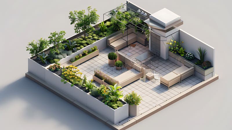 Isometric Design of a Rooftop Garden with Planters and Seating Areas ...
