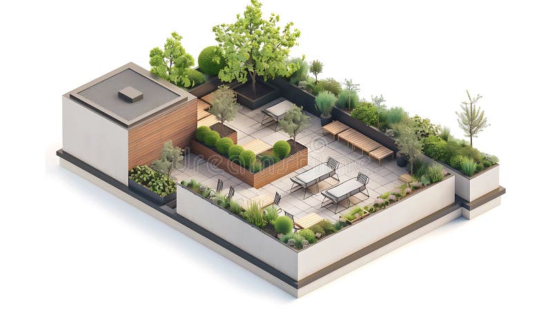 Isometric Design of a Rooftop Garden with Planters and Seating Areas ...