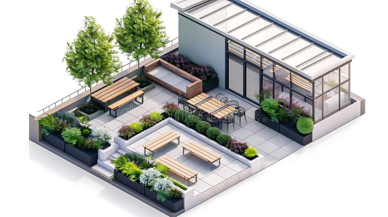 Isometric Design of a Rooftop Garden with Planters and Seating Areas ...