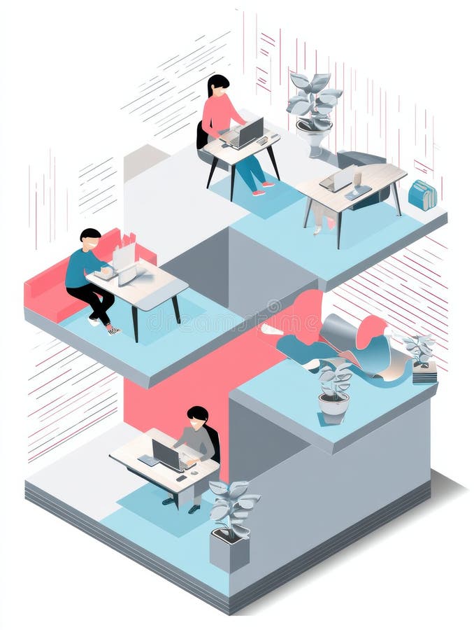 Isometric Design of a Vibrant Remote Work Hub Featuring Relaxed ...