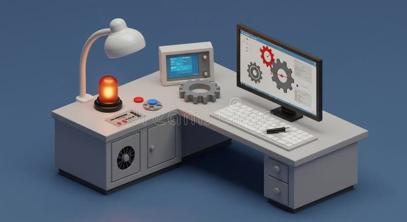 Isometric Desk Setup with Computer and Control Panel Stock Illustration ...
