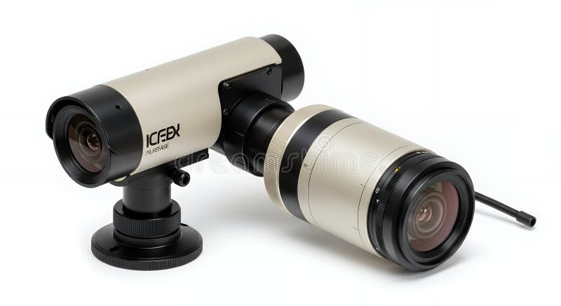 Isometric Detailed View of Two Beige Industrial Cameras on White ...