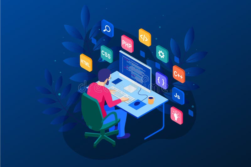 Isometric Developing Programming And Coding Technologies Young Programmer Coding A New Project