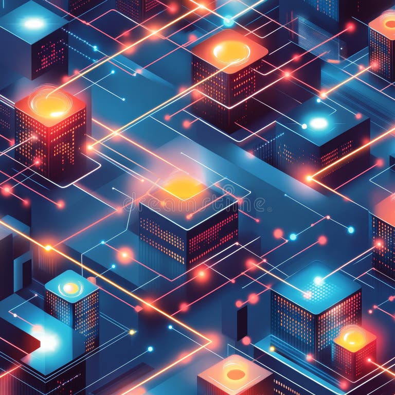 Isometric Diagram of Interconnected Data Hubs with Bright Light Trails ...