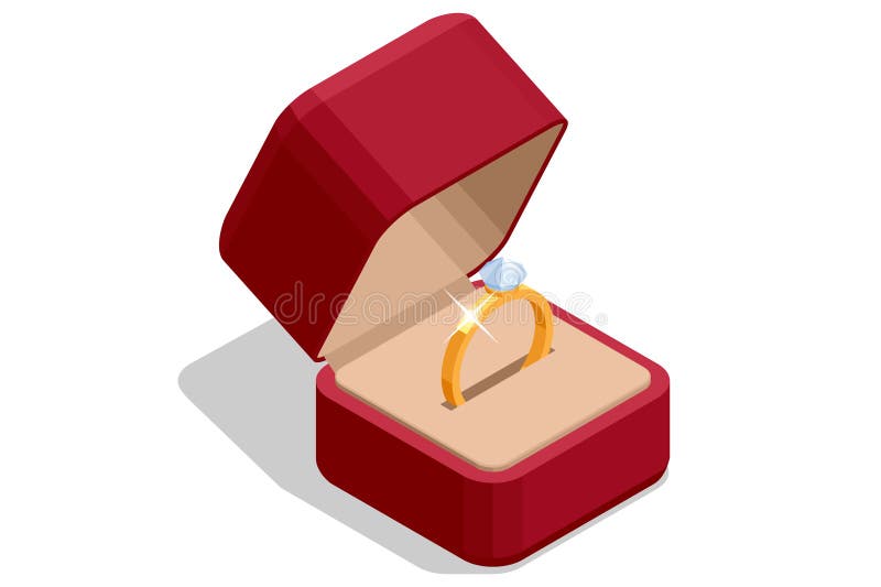 Isometric Diamond Engagement Ring in Red Box. Wedding Proposal and Love ... Isometric Diamond Engagement Ring in Red Box. Wedding Proposal and Love ...