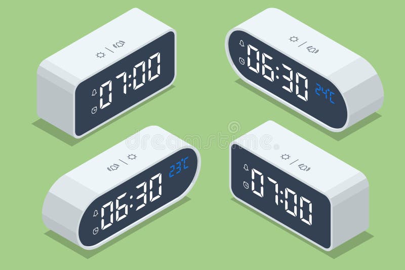 Isometric Digital Alarm Clock with Green Digits. 7 am at the Digital ...