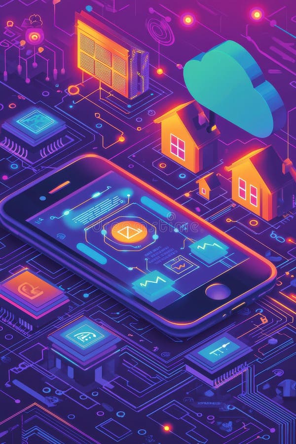Isometric Illustration of a Futuristic Smartphone with Cloud Technology ...