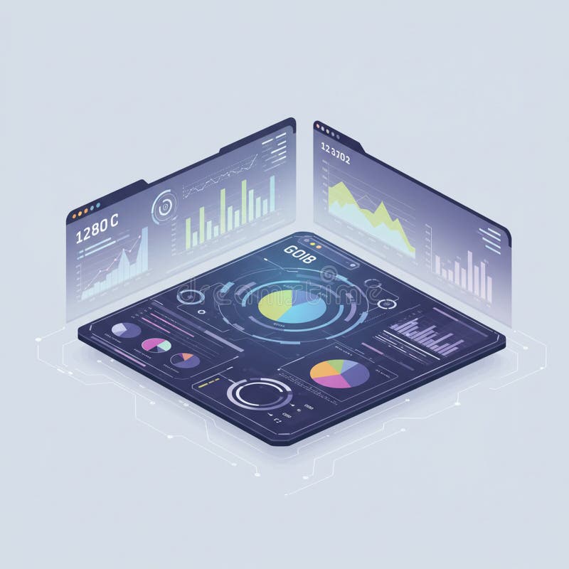 Isometric Digital Dashboard Displaying Various Analytical Charts and ...