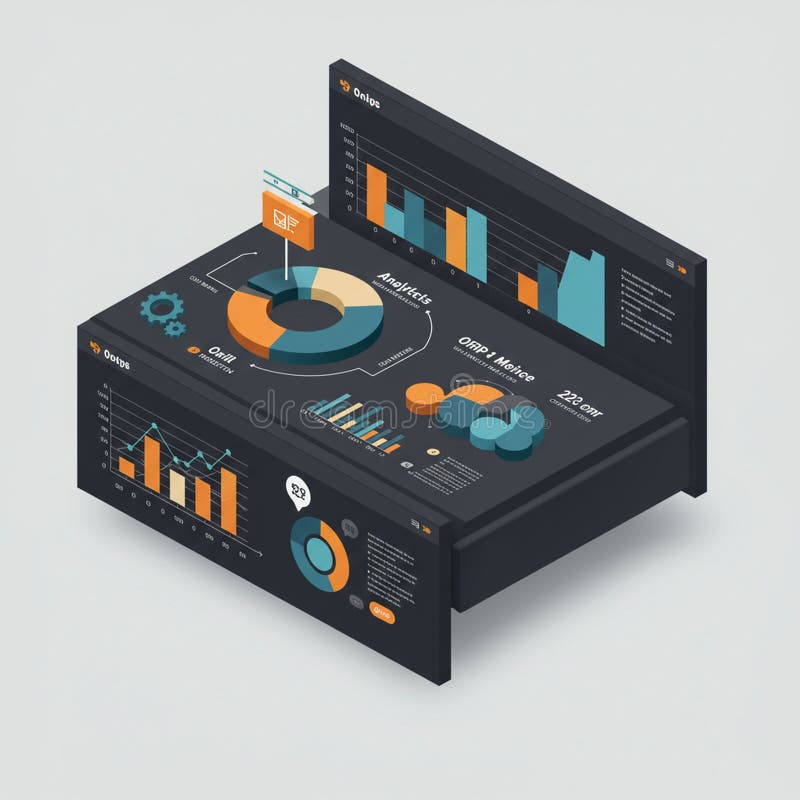 Isometric Digital Dashboard Displaying Various Analytics Graphs and Charts. Features a Stock ...