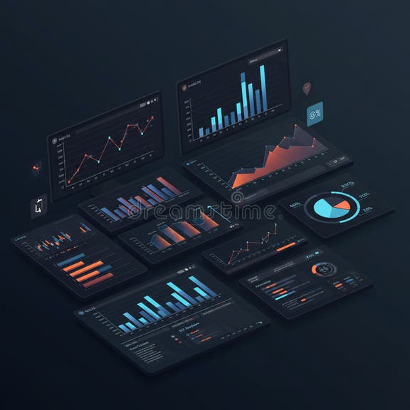 Isometric Digital Dashboards Display Various Data Visualizations on Dark, Sleek Stock ...