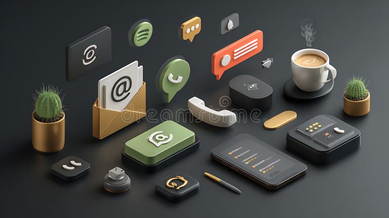 Isometric Digital Icons and Objects Representing Communication Business and Technology on a Dark ...