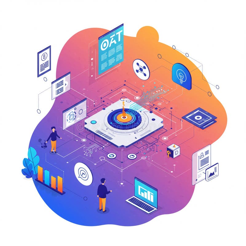 Isometric Digital Illustration Depicting a Conceptual AI System. Centralized Circuit Stock ...