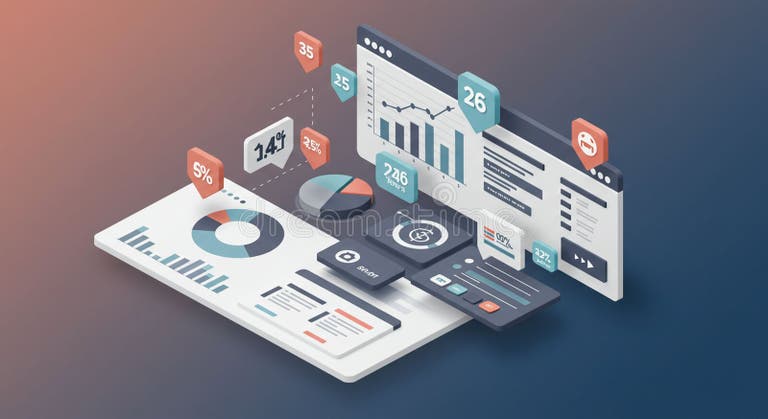 Isometric Digital Illustration Depicting Interactive Data Analytics Panels with Charts and Stock ...