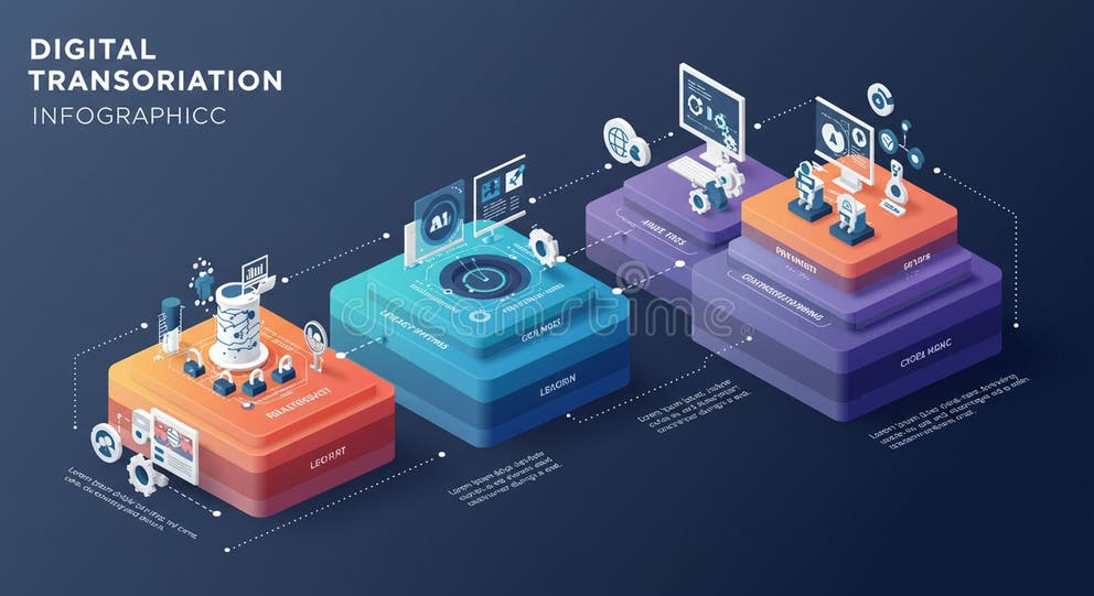 Isometric Digital Infographic with Three Stacked Platforms Labeled ...
