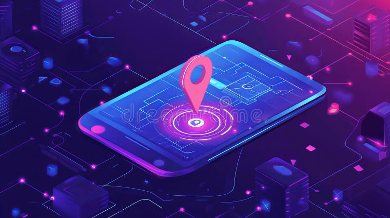 Isometric Digital Location on Mobile. Futuristic Map and Pinpoint for ...