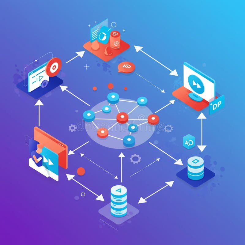An Isometric Digital Network Diagram Features Interconnected Nodes and Devices, Stock ...
