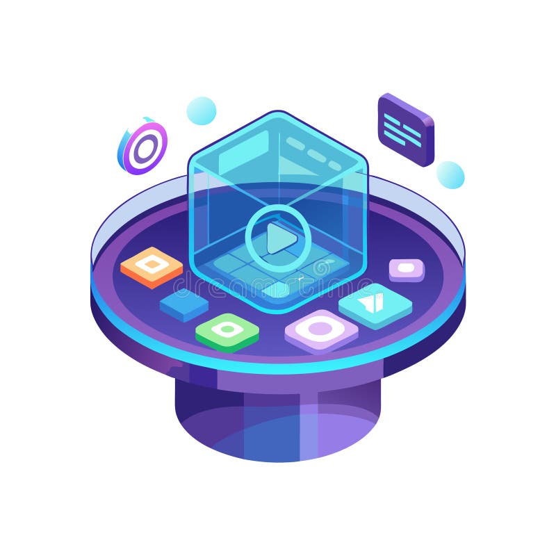 Isometric Digital Platform with Video Play Button and Application Icons ...