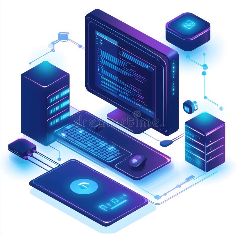 Isometric Digital Technology Workspace with Computer Server Networking and Coding Interface ...