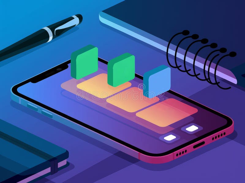 Isometric Digital Workspace with Mobile App Interface and Modern ...