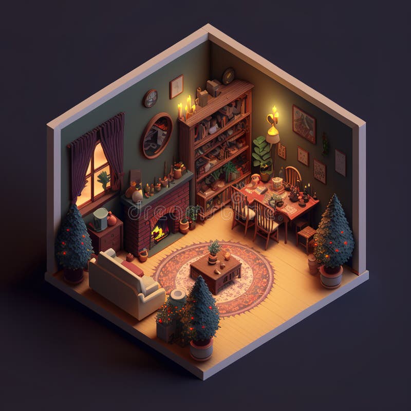 Isometric Diorama of the Interior of a Home Decorated for the Winter ...