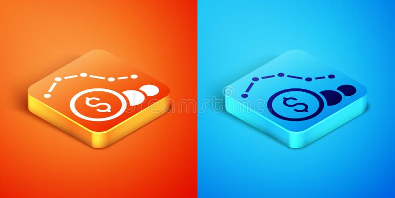 Isometric Dollar Rate Decrease Icon Isolated on Orange and Blue Background. Cost Reduction Stock ...