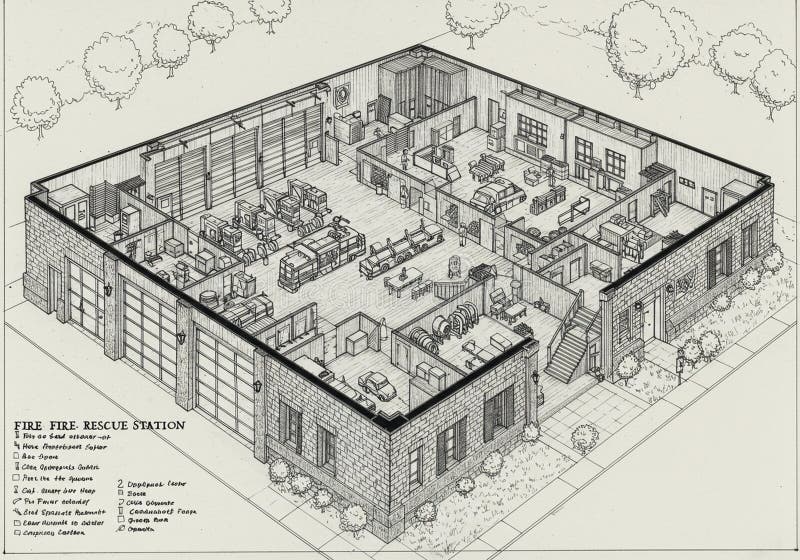 Isometric Drawing of a Fire Rescue Station Floor Plan. the Building ...