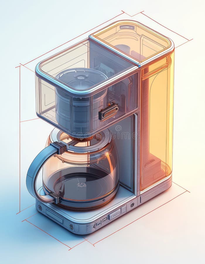 Isometric Drawing of Home Coffee Maker with Technical Notes, Clear ...