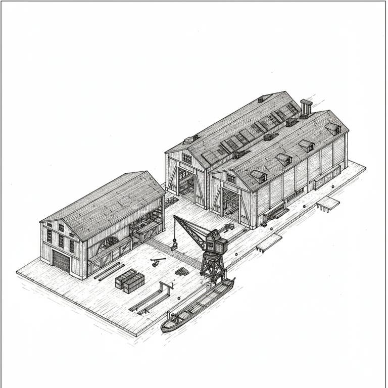Isometric Drawing of an Industrial Dockyard Featuring Two Large ...