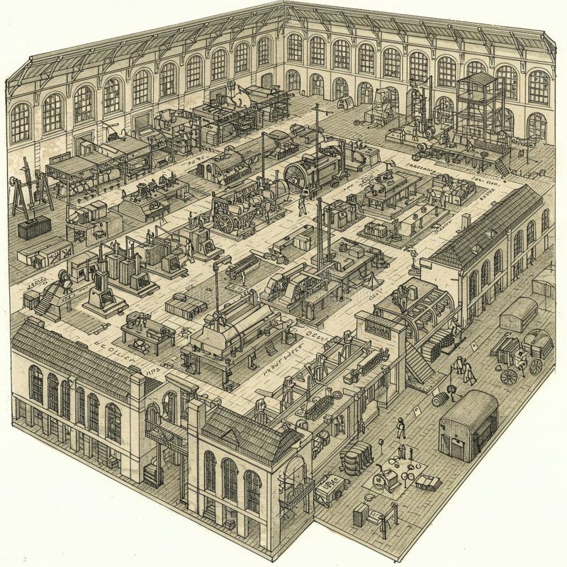 Isometric Drawing of an Industrial Workshop with High, Arched Windows ...