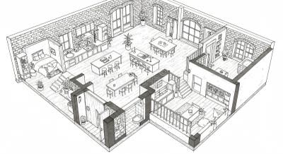 Isometric Drawing of a Modern Loft-style Interior Features an Open-plan ...