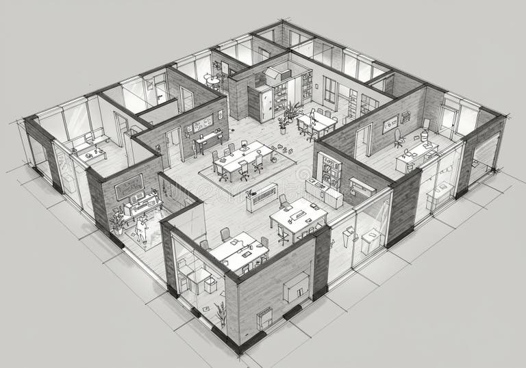 Isometric Drawing of a Modern Office Layout Featuring Multiple Rooms ...