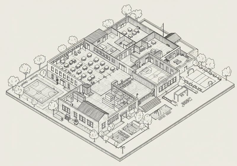 Isometric Drawing of a Modern School Complex Featuring Multiple ...