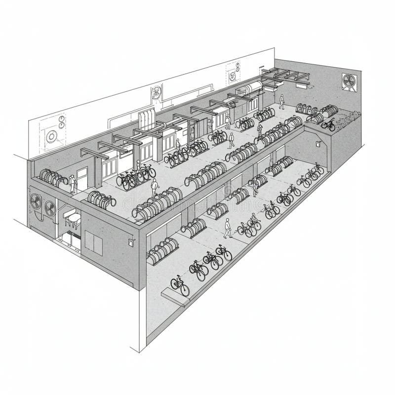Isometric Drawing of a Multi-level Bicycle Storage Facility with Rows ...