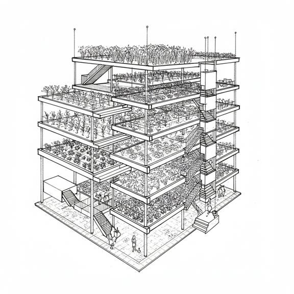 Isometric Drawing of a Multi-story Vertical Farm. Each Floor Features ...
