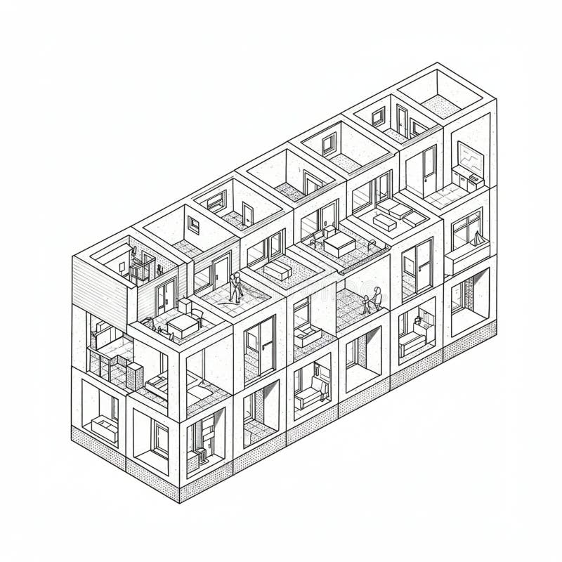 Isometric Drawing of a Multi-unit Apartment Building, Showcasing Three ...