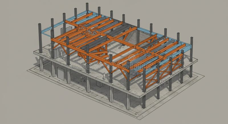 Isometric Drawing of a Two-story Building Structure with Exposed Steel ...