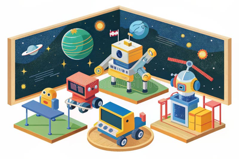 An Isometric Dream of Robots Exploring Space and Learning Stock Photo ...