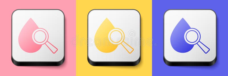 Isometric Drop and Magnifying Glass Icon Isolated on Pink, Yellow and ...