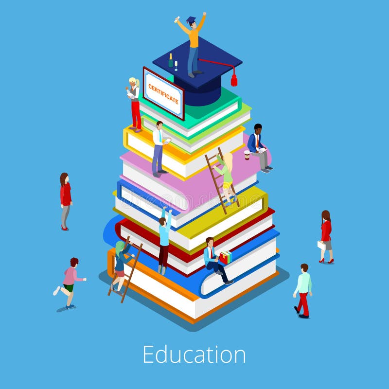 Isometric Education Graduation Concept with Stack of Books and Students ...