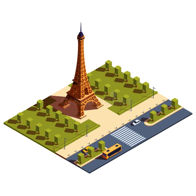 Isometric Eiffel Tower with Street with Transport and Park Stock Vector ...
