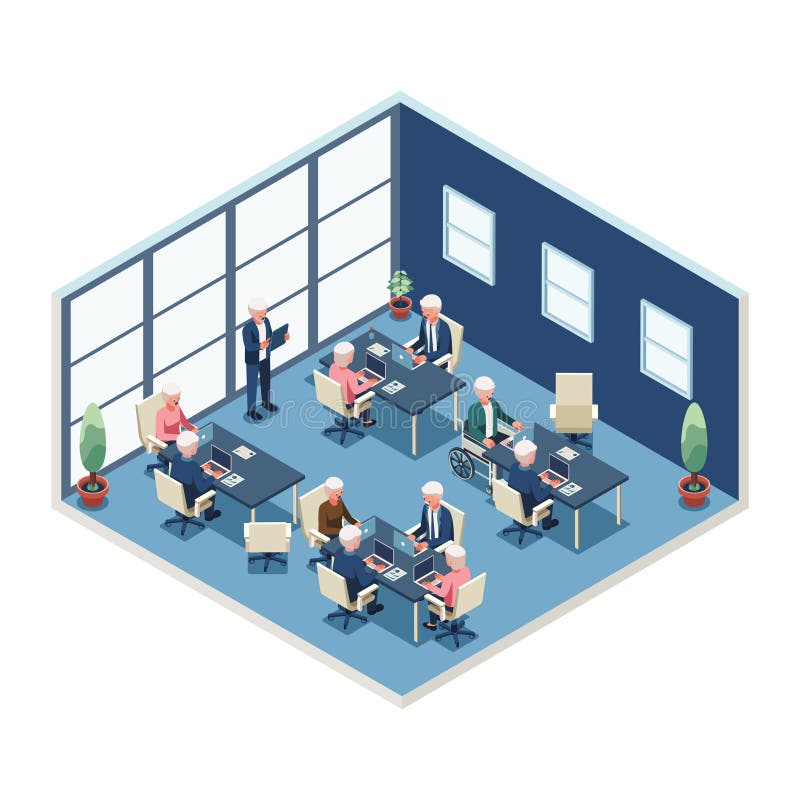 Isometric Elderly People Working in a Modern Office Stock Illustration ...
