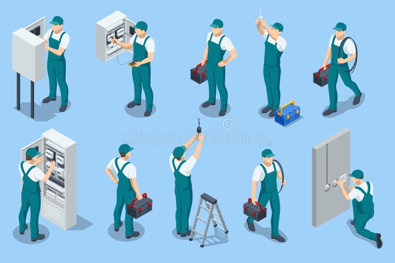 Isometric Electricity Works Set. Professional Worker in the Uniform ...