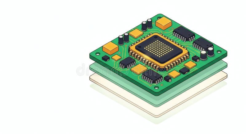 Isometric Electronic Circuit Board with Microprocessor Stock ...
