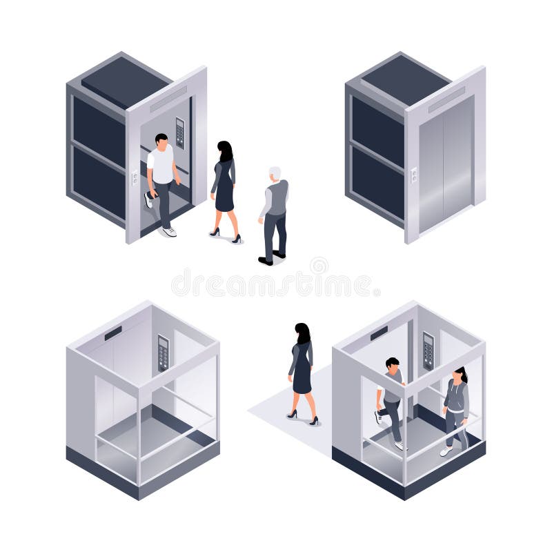 Isometric Elevator People Set Stock Vector - Illustration of door, open ...