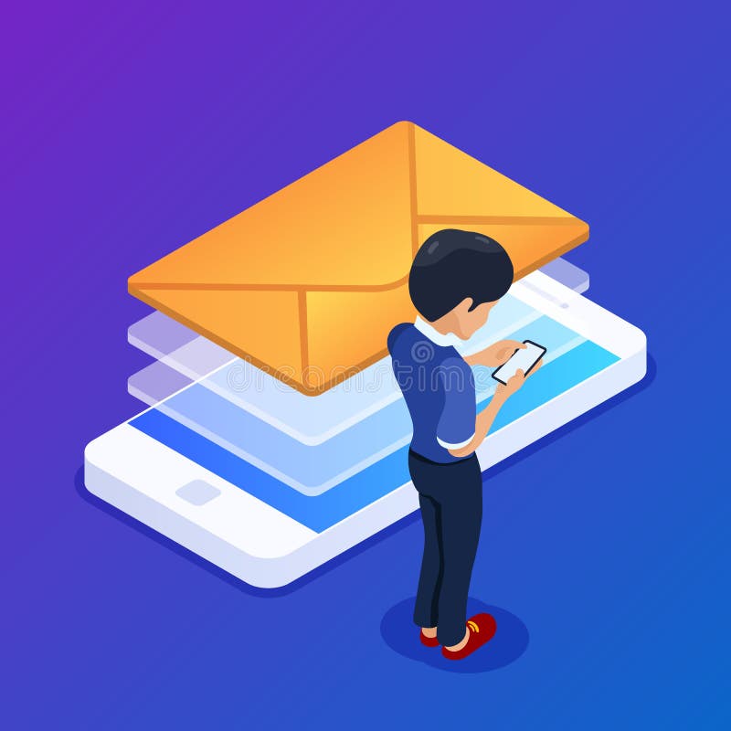 Isometric Email Marketing Concept. Sending Emails Using a Mobile Phone ...