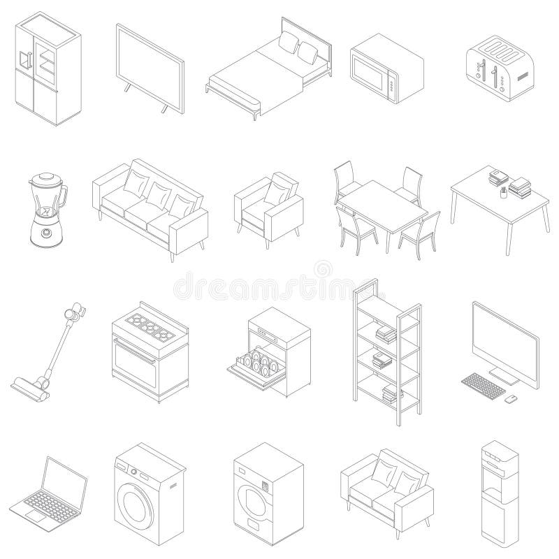 Isometric Everyday Household Items Outline Vector Illustration Stock ...