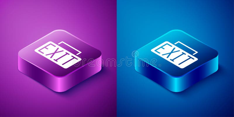 Isometric Exit Icon Isolated on Blue and Purple Background. Fire ...
