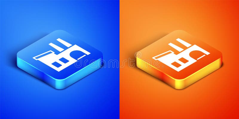 Isometric Factory Icon Isolated on Blue and Orange Background ...