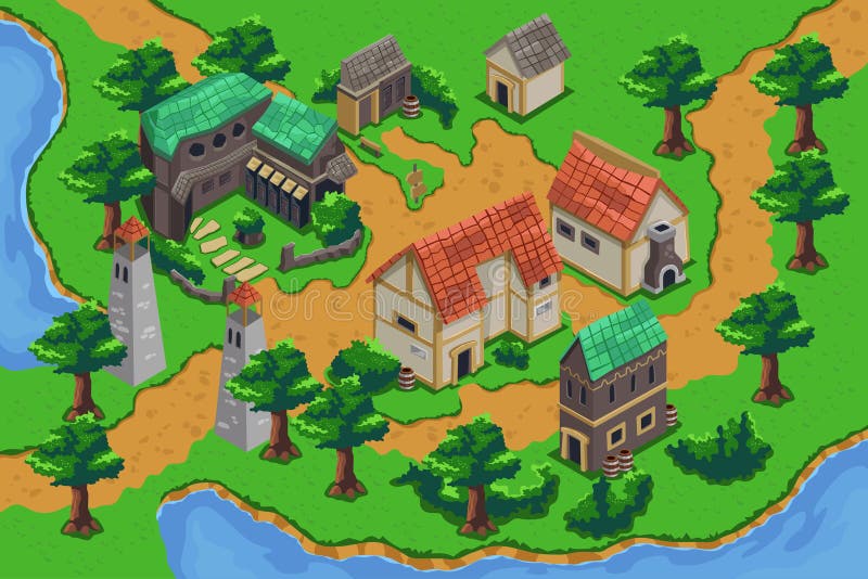 Isometric Fantasy Castle Video Game Map Vector Illustration Stock ...